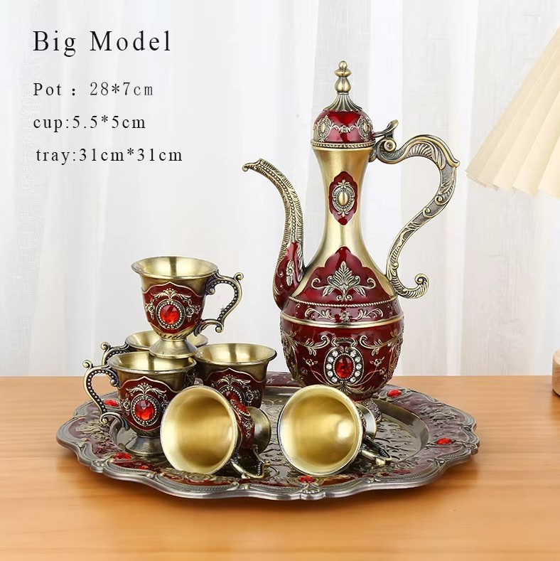 Turkish Coffee Pot & Cup Set – Maroon & Golden Metal - NIC HOME DECOR
